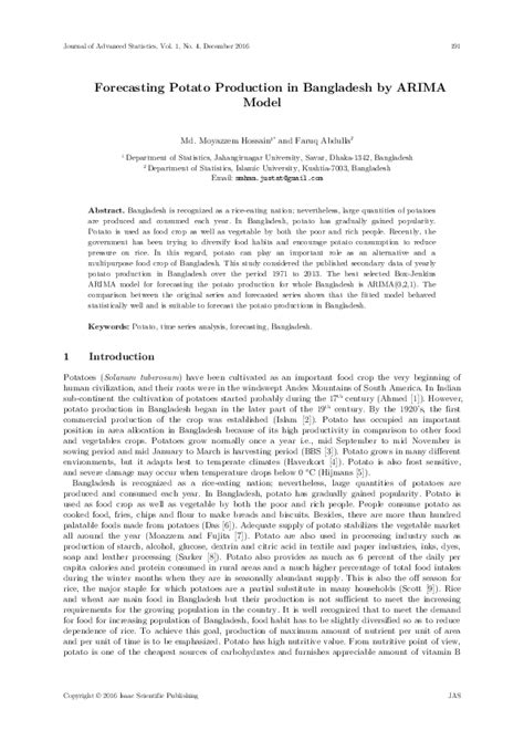 Pdf Forecasting Potato Production In Bangladesh By Arima Model