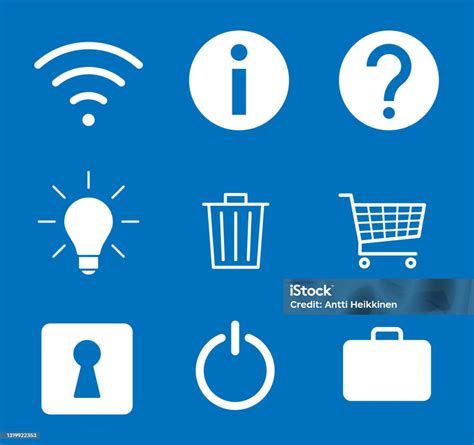 웹 응용 프로그램 인터페이스 아이콘 컬렉션입니다 인터넷 페이지 및 웹 사이트 벡터 기호 집합입니다 와이파이 정보 물음표 전구 쓰레기통 및 장바구니 버튼 기호 열쇠 구멍 전원