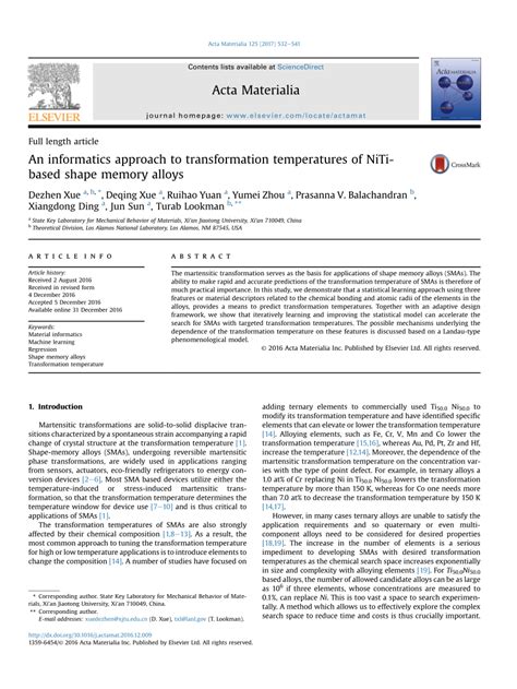 Pdf An Informatics Approach To Transformation Temperatures Of Niti