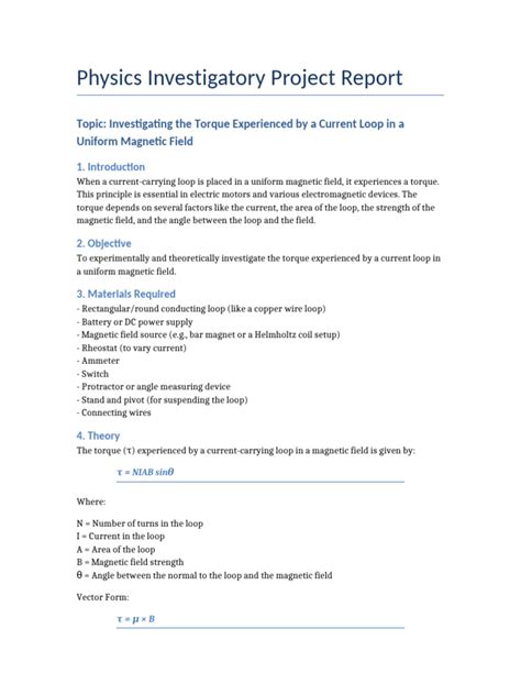 Torque Current Loop Physics Project Final Pdf Magnetic Field