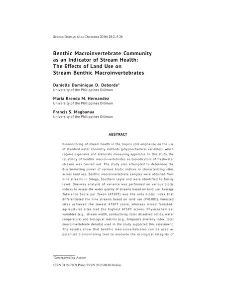 Pdf Benthic Macroinvertebrate Community As An Indicator Of Stream