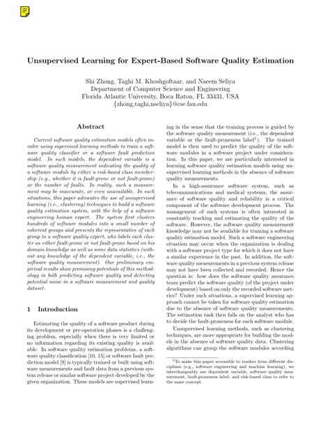 Pdf Unsupervised Learning For Expert Based Software Quality Estimation