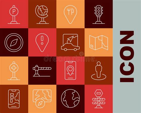 Set Line Road Barrier Location With Person Folded Map Cafe And Restaurant Location