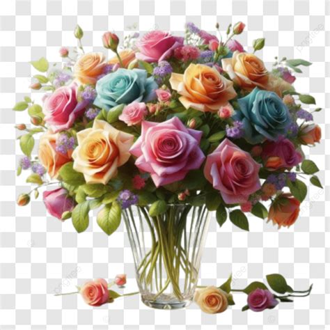 이 클립 아트 이미지에는 예술적으로 배열된 꽃병이 다양한 다채로운 장미로 넘쳐납니다 꽃다발 장미 장식 꽃병 Png 일러스트