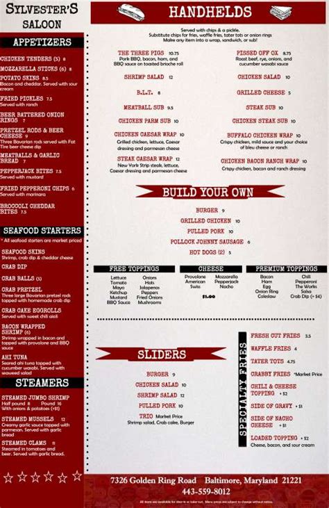 Sylvesters Saloon Menu In Essex Maryland Usa