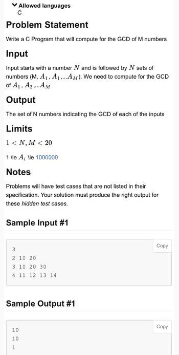 Answered Problem Statement Write A C Program That Will Compute For The GCD Of M Numbers Bartleby