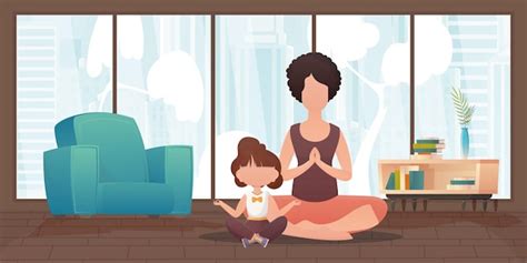 Mãe E Filha Fazem Ioga Juntos Design Em Estilo Cartoon Vector Vetor