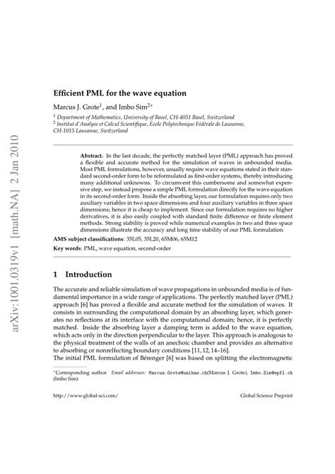 Pdf Efficient Pml For The Wave Equation