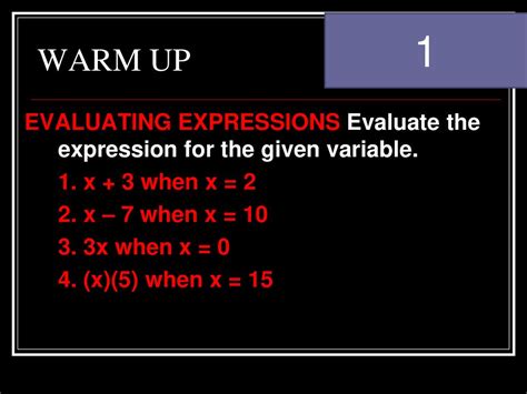 WARM UP 4 EVALUATING EXPRESSIONS Evaluate the expression for the given ...
