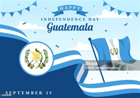 과테말라 독립 기념일 벡터 일러스트레이션 9월 15일 공휴일 플랫 만화 손으로 그린 템플릿에 깃발 배경을 흔들고 있다 과테말라에 대한 스톡 벡터 아트 및 기타 이미지