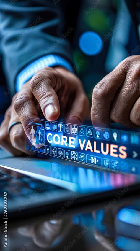 Business Executive Interfacing With A Digital Screen Highlighting Core Business Executive Interfacing With A Digital Screen Highlighting Core