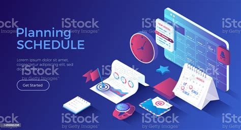 일정 및 달력 계획 시간 관리 작업 계획 조직 응용 프로그램 회의 이벤트 알림 아이소메트릭 랜딩 페이지 벡터 웹 배너입니다 시간 확인에 대한 스톡 벡터 아트 및 기타 이미지