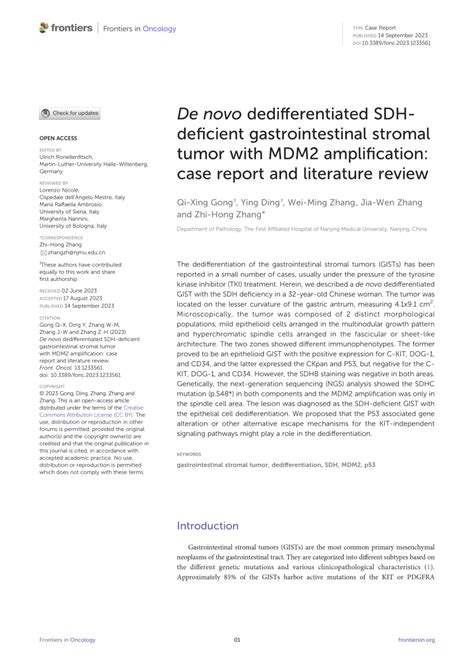 Pdf De Novo Dedifferentiated Sdh Deficient Gastrointestinal Stromal Tumor With Mdm2