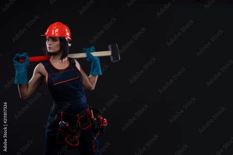 Sex Equality And Feminism Sexy Girl In Safety Helmet Holding Hammer Tool Attractive Woman