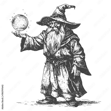 Dwarf Mage With Magical Orb Full Body Images Using Old Engraving Style