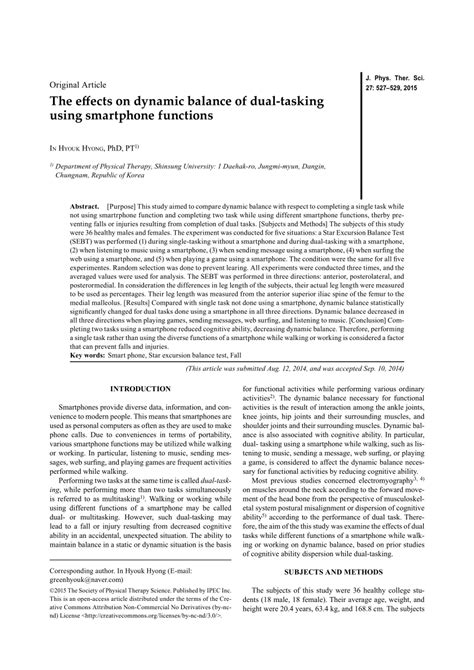 Pdf The Effects On Dynamic Balance Of Dual Tasking Using Smartphone