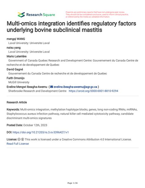 Pdf Multi Omics Integration Identifies Regulatory Factors Underlying Bovine Subclinical Mastitis