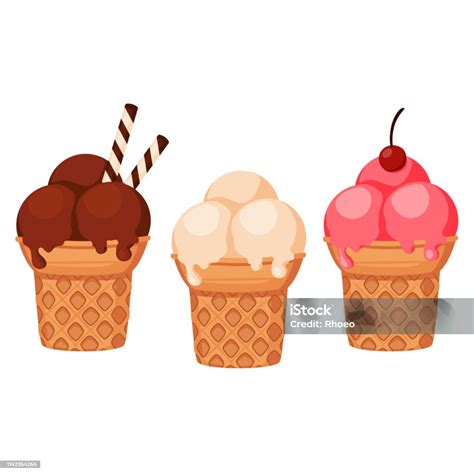 와플 그릇에 다채로운 아이스크림 공 세트입니다 벡터 일러스트입니다 보울에 대한 스톡 벡터 아트 및 기타 이미지 보울 3가지 개체 아이스크림 콘 Istock