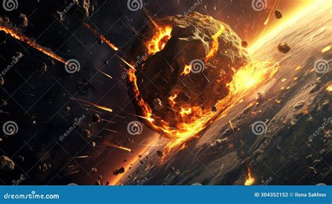 A Huge Gigantic Burning Asteroid In Space Flyng Towards The Planet Earth Stock Illustration