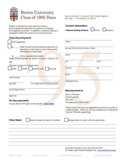 Brown University Class Of 1995 Dues Please Complete The Class Dues Form Below Fill Out And Sign