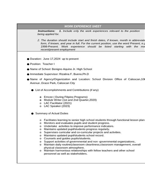 2 Cs Form No 212 Work Experience Sheet Pdf Social Science Wellness