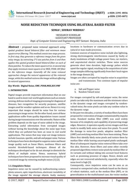 Noise Reduction Technique Using Bilateral Based Filter Pdf
