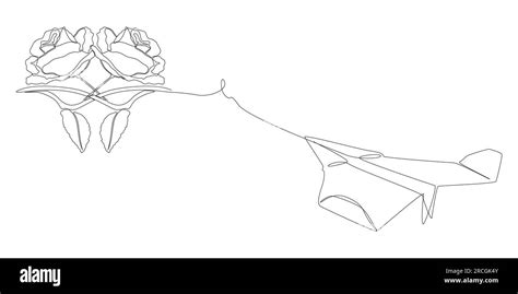 One Continuous Line Of Paper Airplane With Rose Flowers Thin Line Illustration Vector Concept