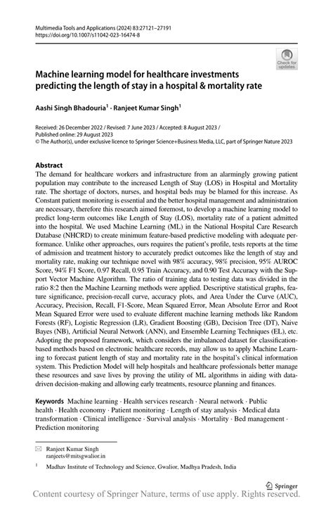 Machine Learning Model For Healthcare Investments Predicting The Length Of Stay In A Hospital