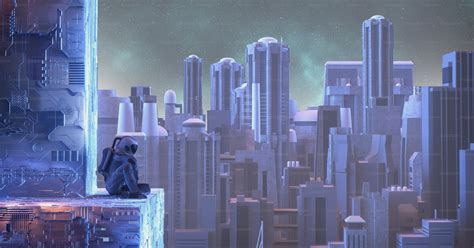 도시의 미래 지향적인 구조물에 앉아 있는 우주 비행사 공상 과학 판타지 풍경과 미래 지향적인 도시 풍경 이것은 3d 렌더링 그림입니다 사진 Unsplash의 도시 이미지