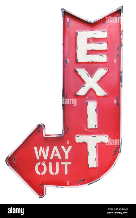 Vintage Weathered Outdoor Red Metal Exit Way Out Sign Isolated On A White Background Stock