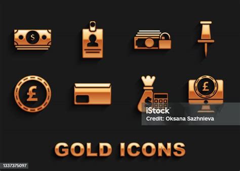 세트 봉투 푸시 핀 파운드 스털링 기호 컴퓨터 모니터 계산기 머니 백 동전 돈 자물쇠 스택 종이 현금 및 식별 배지 아이콘 벡터 0명에 대한 스톡 벡터 아트 및 기타 이미지