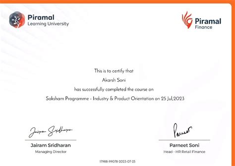 Sucessfully Completed The Saksham Moduel Piramal Capital And Housing Finance Akarsh Soni