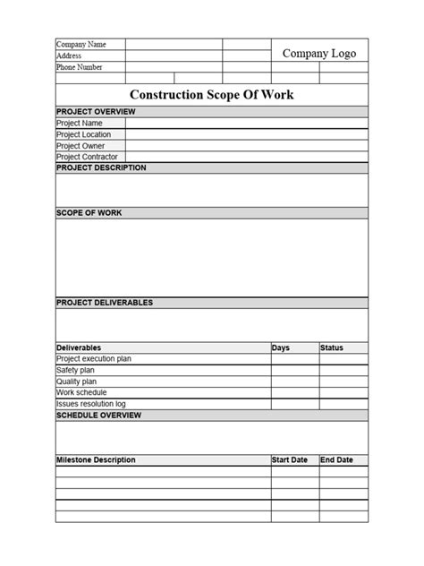 Scope Of Work Construction Template Pdf