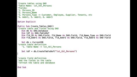 Vba Access Create Table Fields Dao Youtube