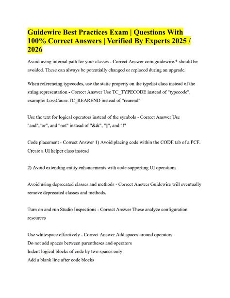 Guidewire Best Practices Exam Questions With 100 Correct Answers Verified By Experts