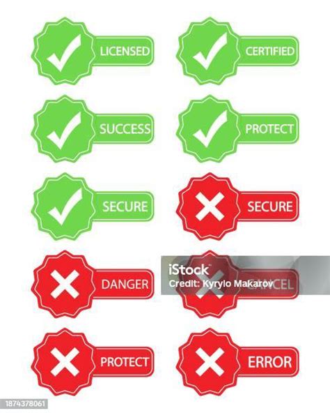 확인 표시 및 십자선 아이콘 집합입니다 라이센스 성공 보안 인증 보호 위험 취소 오류 비즈니스 및 광고를 위한 벡터 아이콘 0