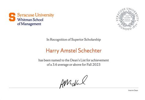 I Am Excited To Announce I Have Been Named To The Deans List At The Martin J Whitman School Of