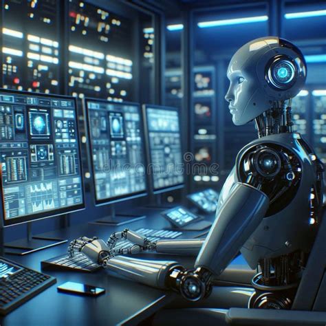 A 3d Rendered Image Of A Sophisticated Humanoid Robot Sitting At A Computer In A Data Center