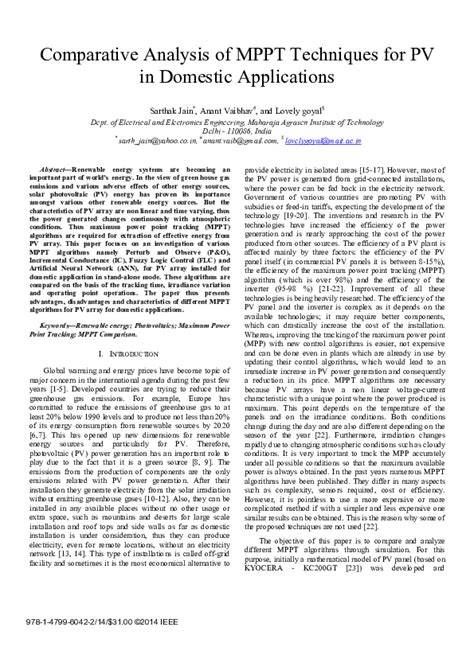Comparative Analysis Of Mppt Techniques For Pv In Domestic Applications