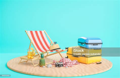 해변 의자와 여행 액세서리가 있는 노란색과 파란색 여행 가방은 모래 스탠드와 하늘색 배경에 있습니다 여름 여행 개념 3d 모델