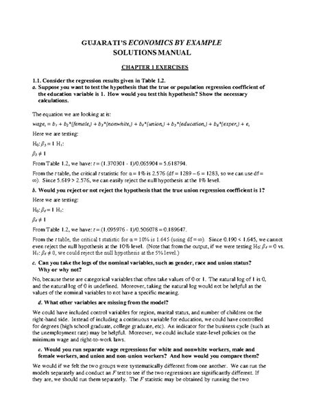 Applied Econometrics Solution Manual Gujaratis Economics By Example Solutions Manual Chapter