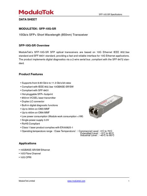 Sfp 10g Sr Pdf Telecommunications Standards Networking Standards