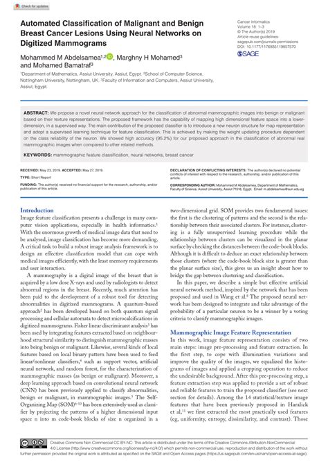 Pdf Automated Classification Of Malignant And Benign Breast Cancer Lesions Using Neural