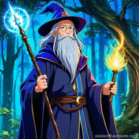 Wizard Performing Spell In Mysterious Forest Stable Diffusion Online