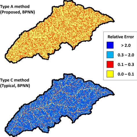 maps of relative errors between the target result and each of the two
