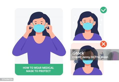 세균 바이러스 및 박테리아의 확산을 줄이기 위해 마스크를 착용하는 올바른 방법을 제시하는 여성 감염을 중지합니다 코로나바이러스에 대한 스톡 벡터 아트 및 기타 이미지
