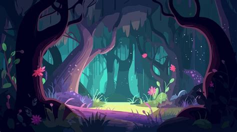 고대 나무 무성한 초목과 반짝이는 요정 조명 배경이 있는 신비로운 숲 프리미엄 벡터