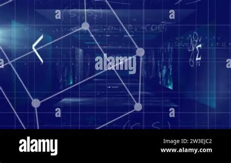 Animation Of Mathematical Equations Floating On A Grid Over A Tunnel Made Of Screens Showing