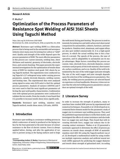 Pdf Optimization Of The Process Parameters Of Resistance Spot Welding Of Aisi 316l Sheets