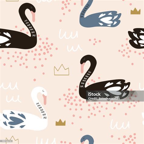 백조와 원활한 유치 한 패턴입니다 창의적인 보육 텍스처입니다 아이 디자인 직물 포장지 벽지 섬유 의류에 대 한 완벽 한 백조에 대한 스톡 벡터 아트 및 기타 이미지 Istock